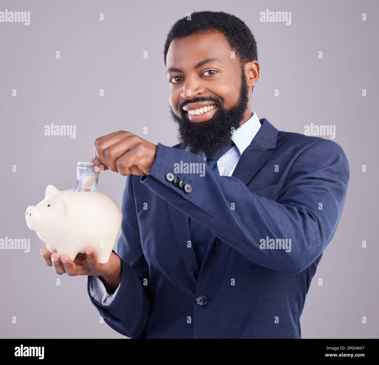 Black man, piggy bank and portrait smile in finance, budget or savings ...