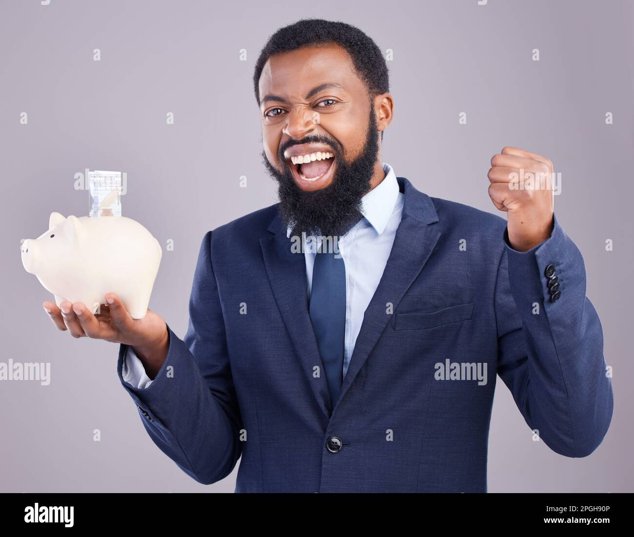 Black man, piggy bank and celebration for financial investment or ...