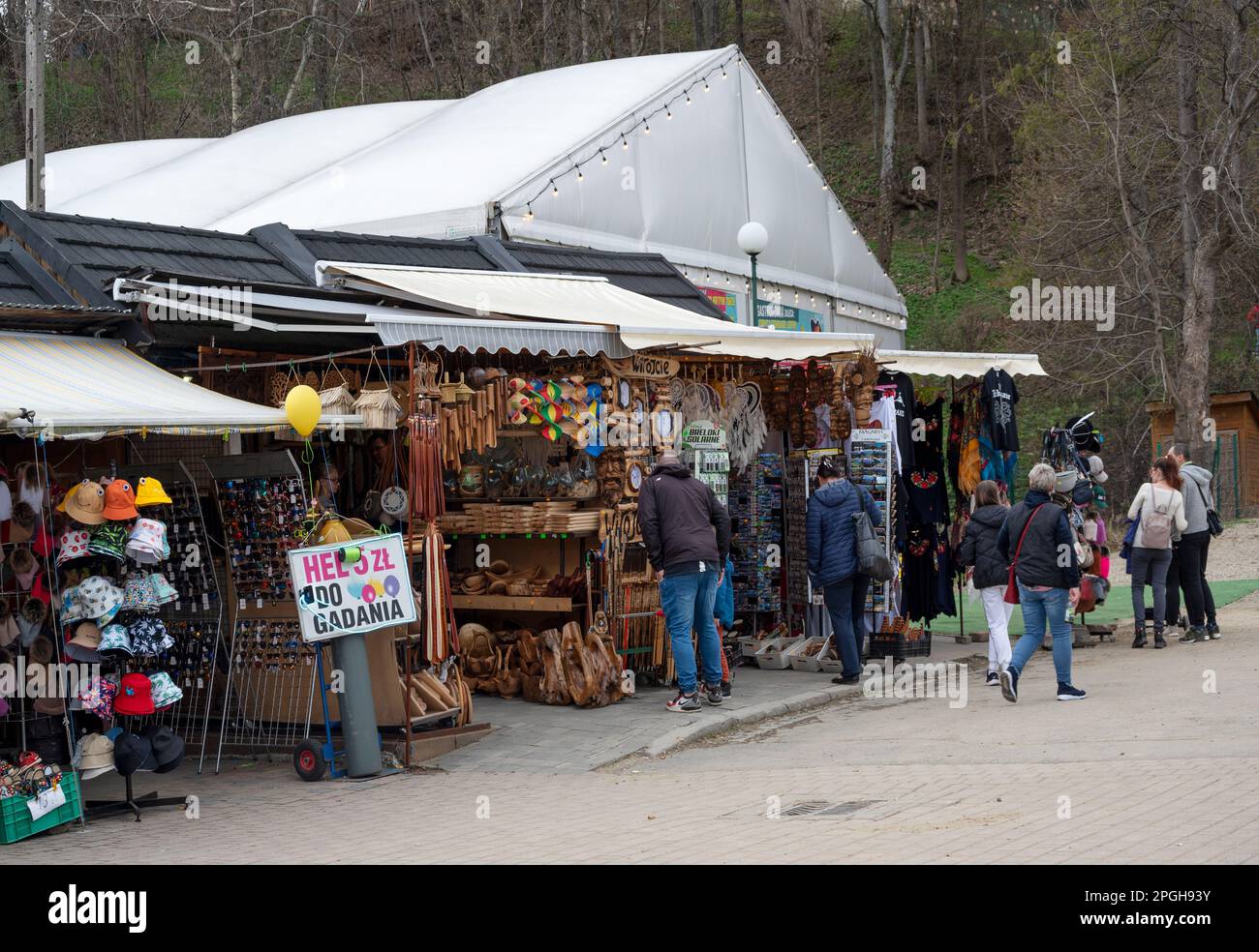 View of Souvenir shops on the streets selling winter clothes, colorful ...