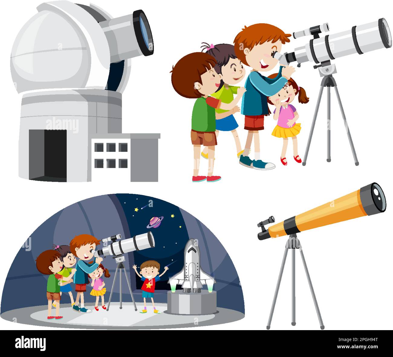 Playful Children Using Telescopes Vector Collection illustration Stock ...