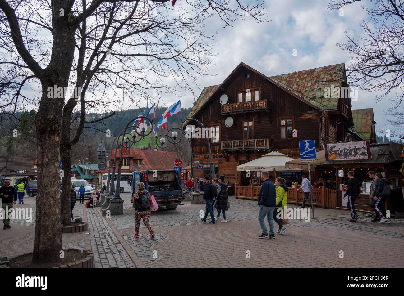 View of the city Centre with colorful houses, shops, restaurants and ...