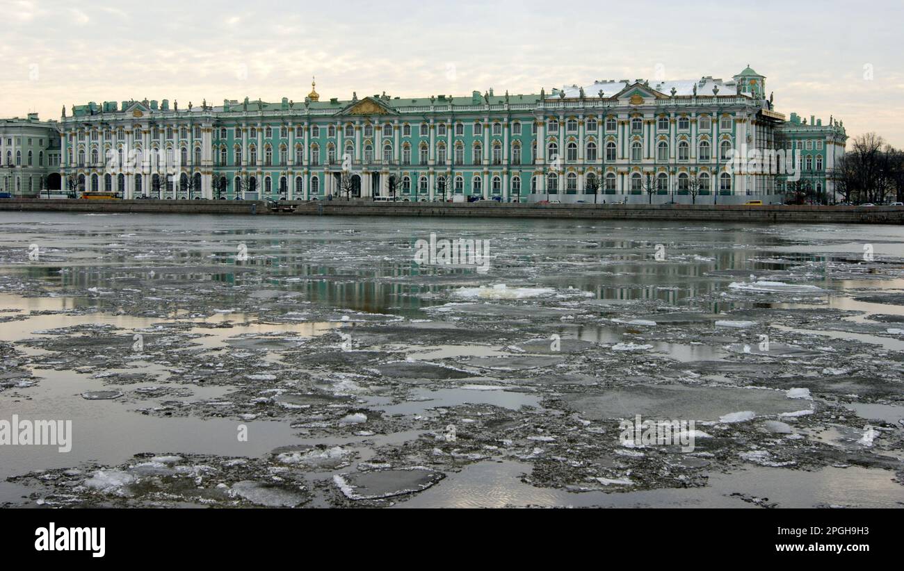 Winter Palace, waterfront exterior, Neva river with floating ice in the ...