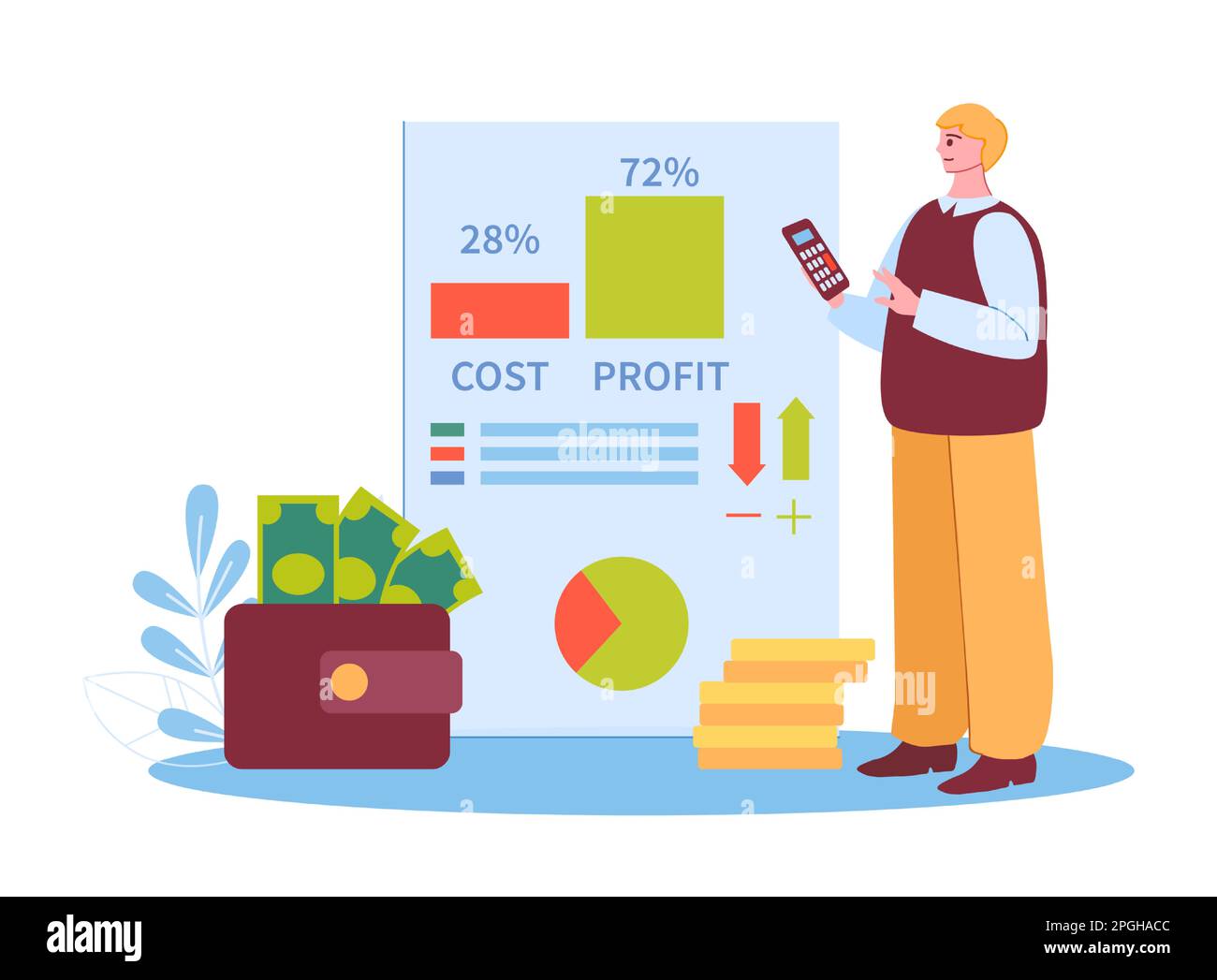 Employee analyzing graphs and charts, counting bill. Cartoon man office ...