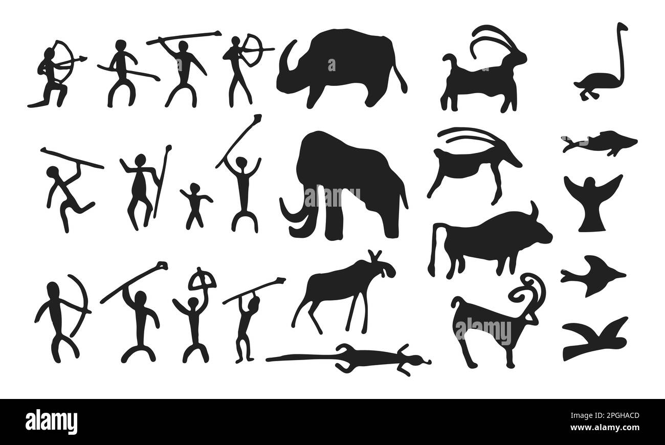 Cave painting prehistoric rock art hand drawn sketch style vector ...