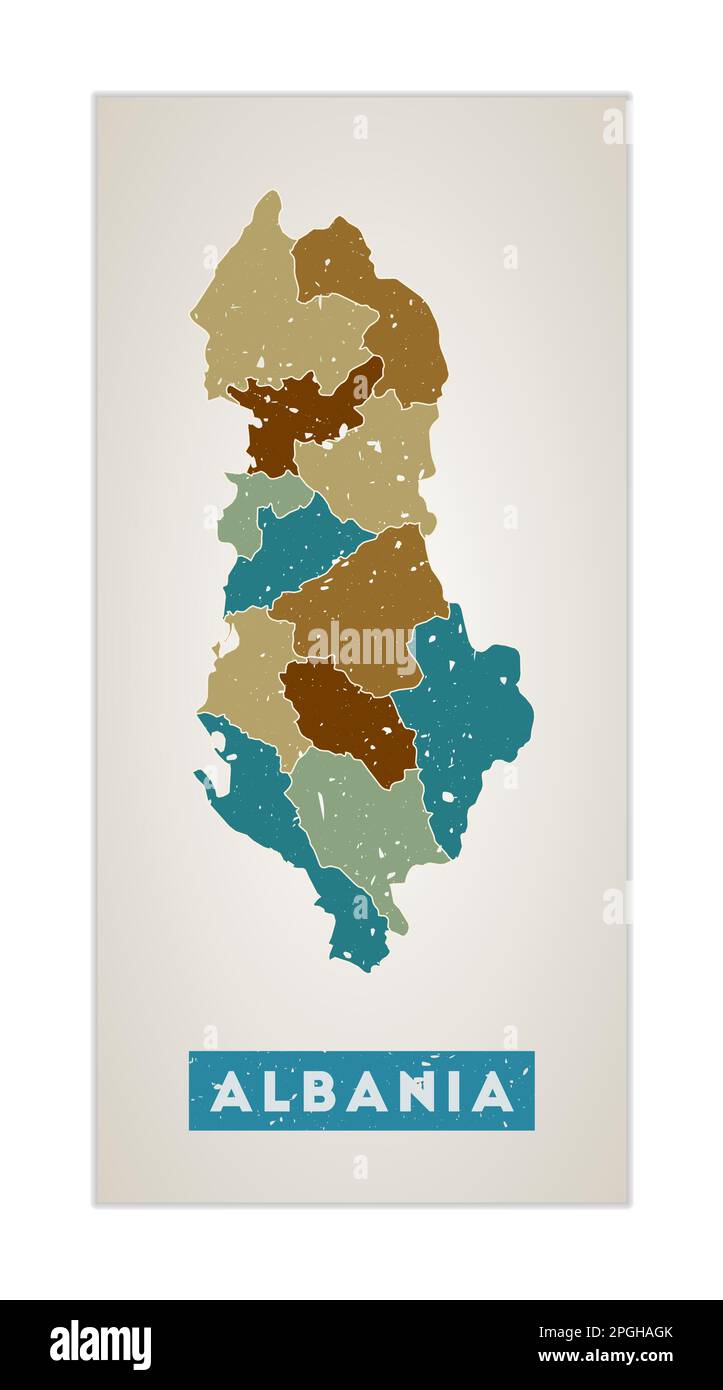 Albania map. Country poster with regions. Old grunge texture. Shape of ...