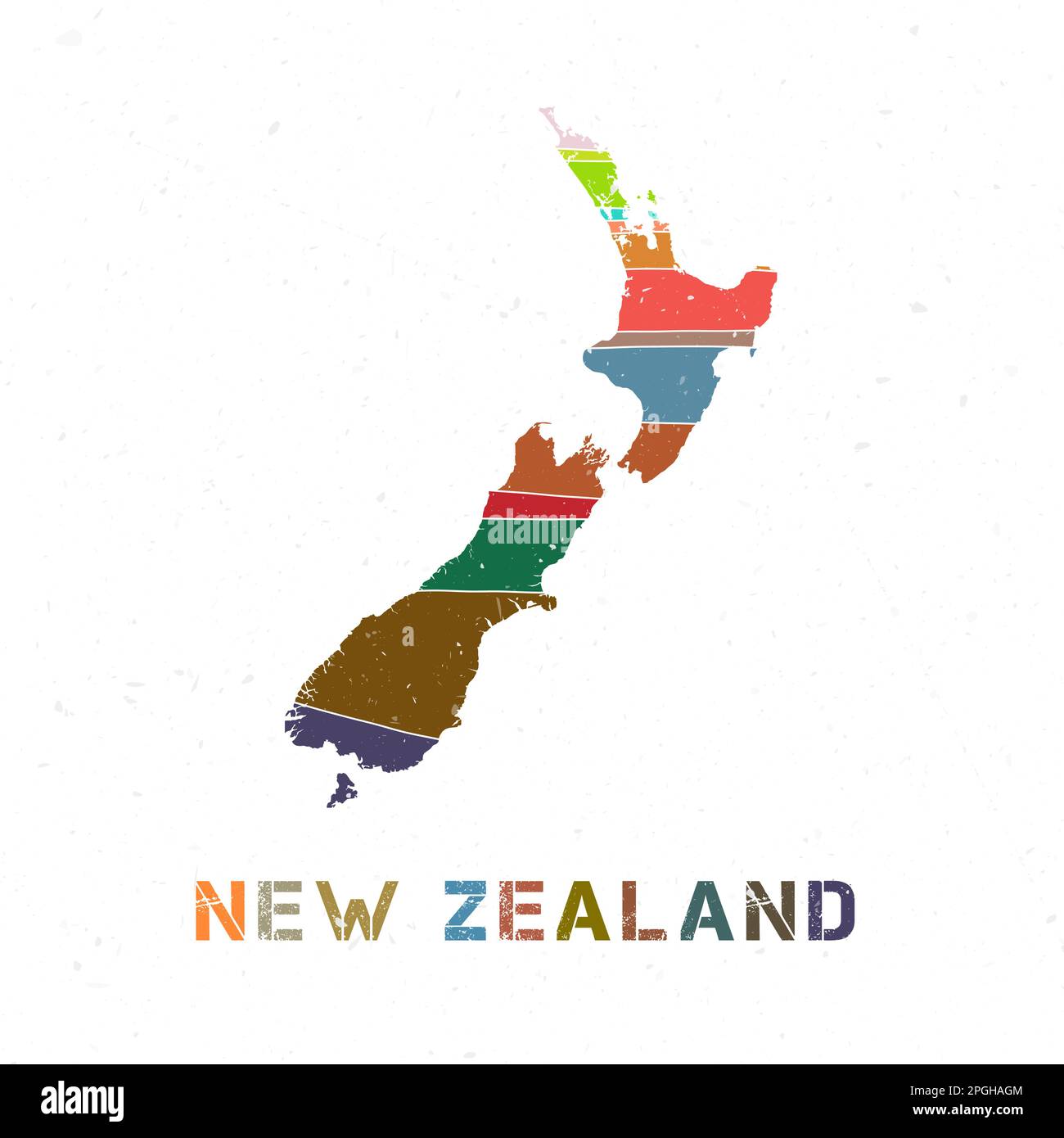 New Zealand map design. Shape of the country with beautiful geometric waves and grunge texture ...