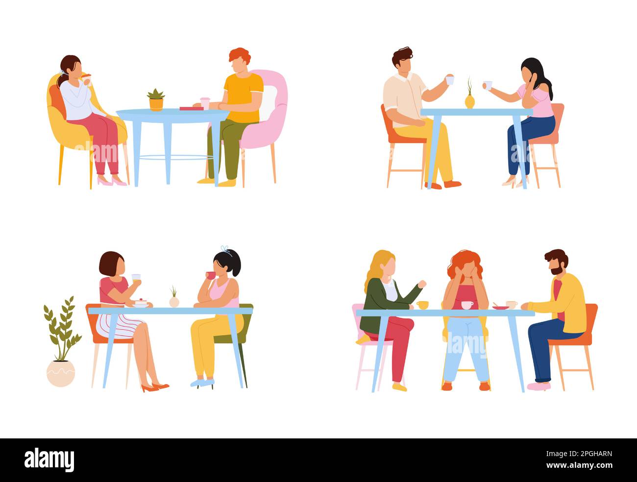 Eating people. Men and women eating meal in cafeteria, at home or restaurant, characters dining ...