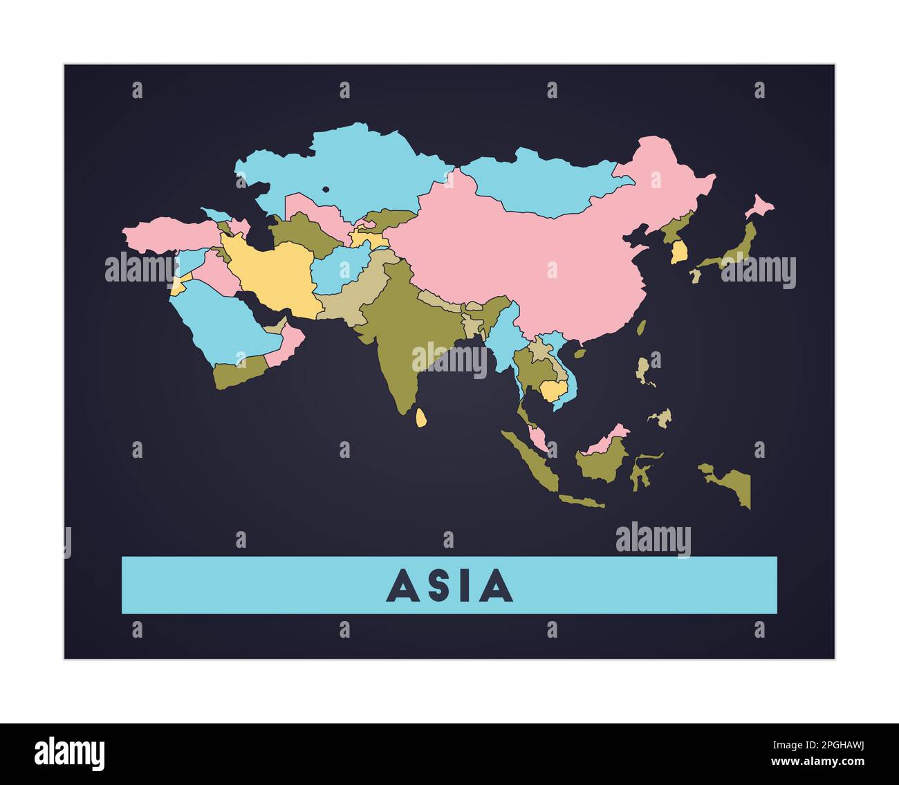 Asia map. Continent poster with regions. Shape of Asia with continent ...