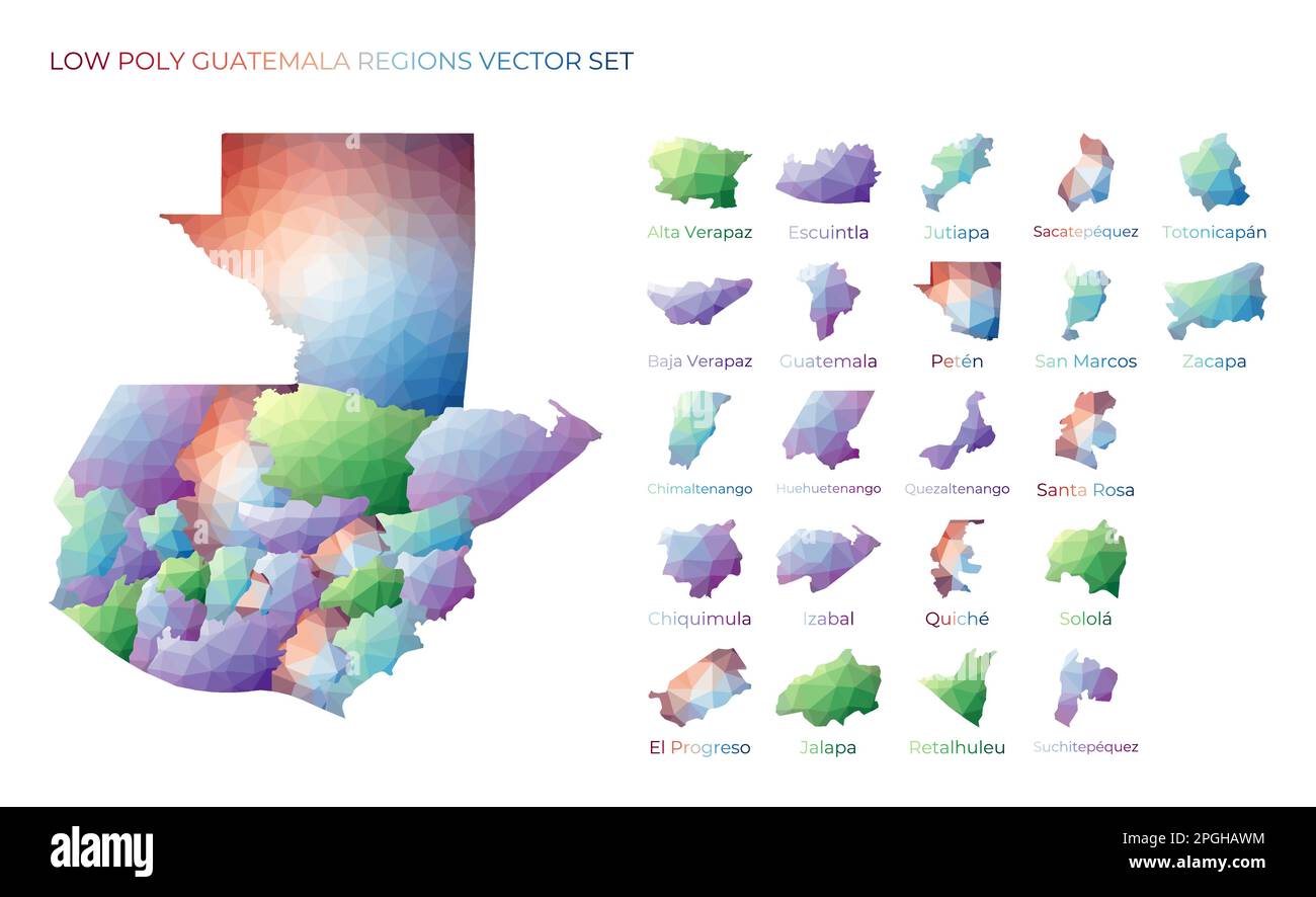 Guatemalan low poly regions. Polygonal map of Guatemala with regions. Geometric maps for your ...