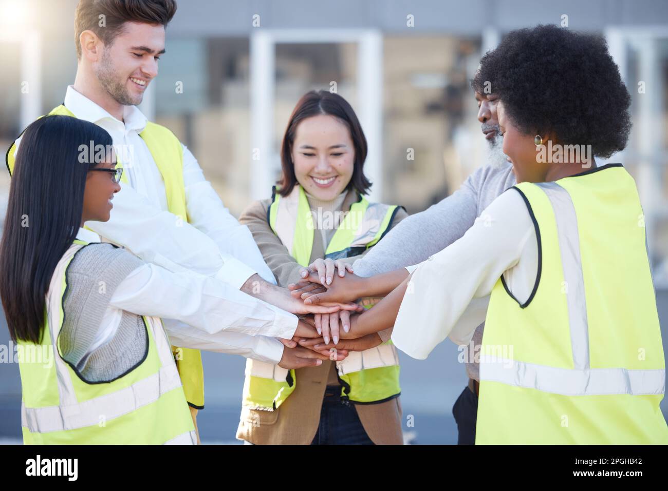 Teamwork, hands stacked and engineering people for support ...
