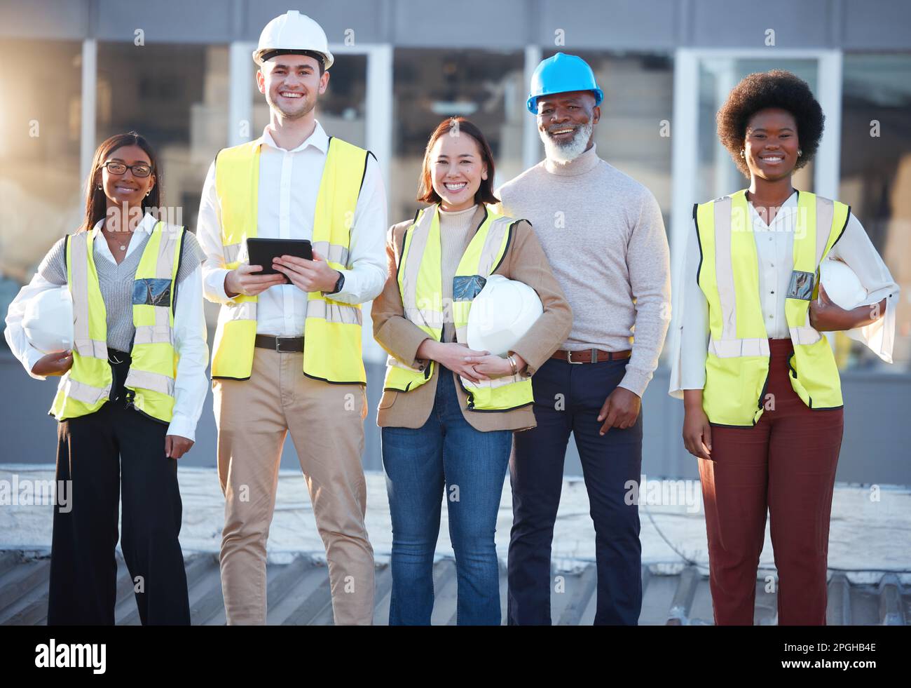 Group portrait of construction worker people, engineering or contractor ...