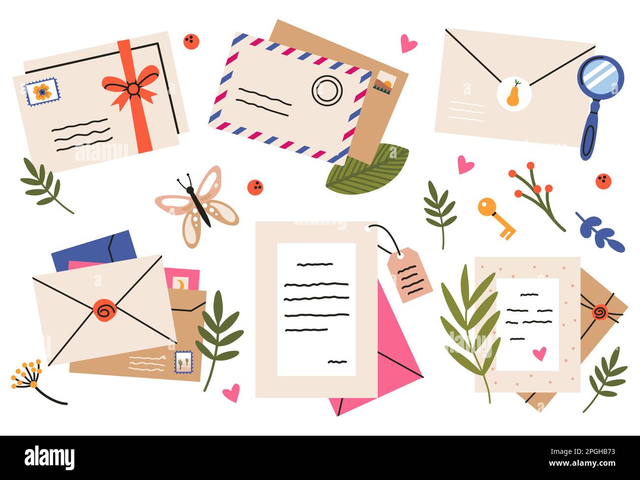 Post cards, envelopes, post stamps, craft paper letters and mail ...