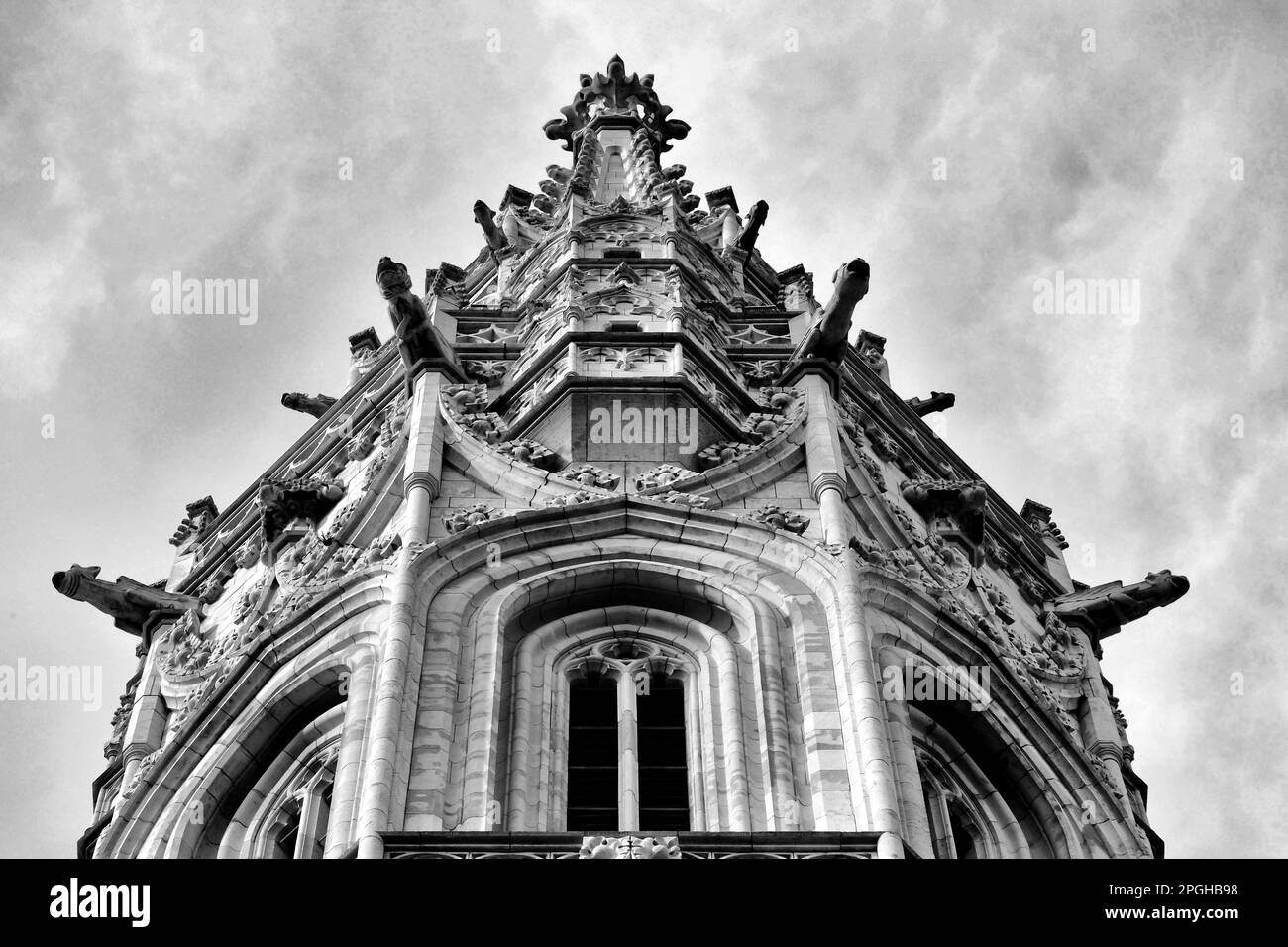 stone church tower closeup. monochrome finish. perspective. Matthias ...