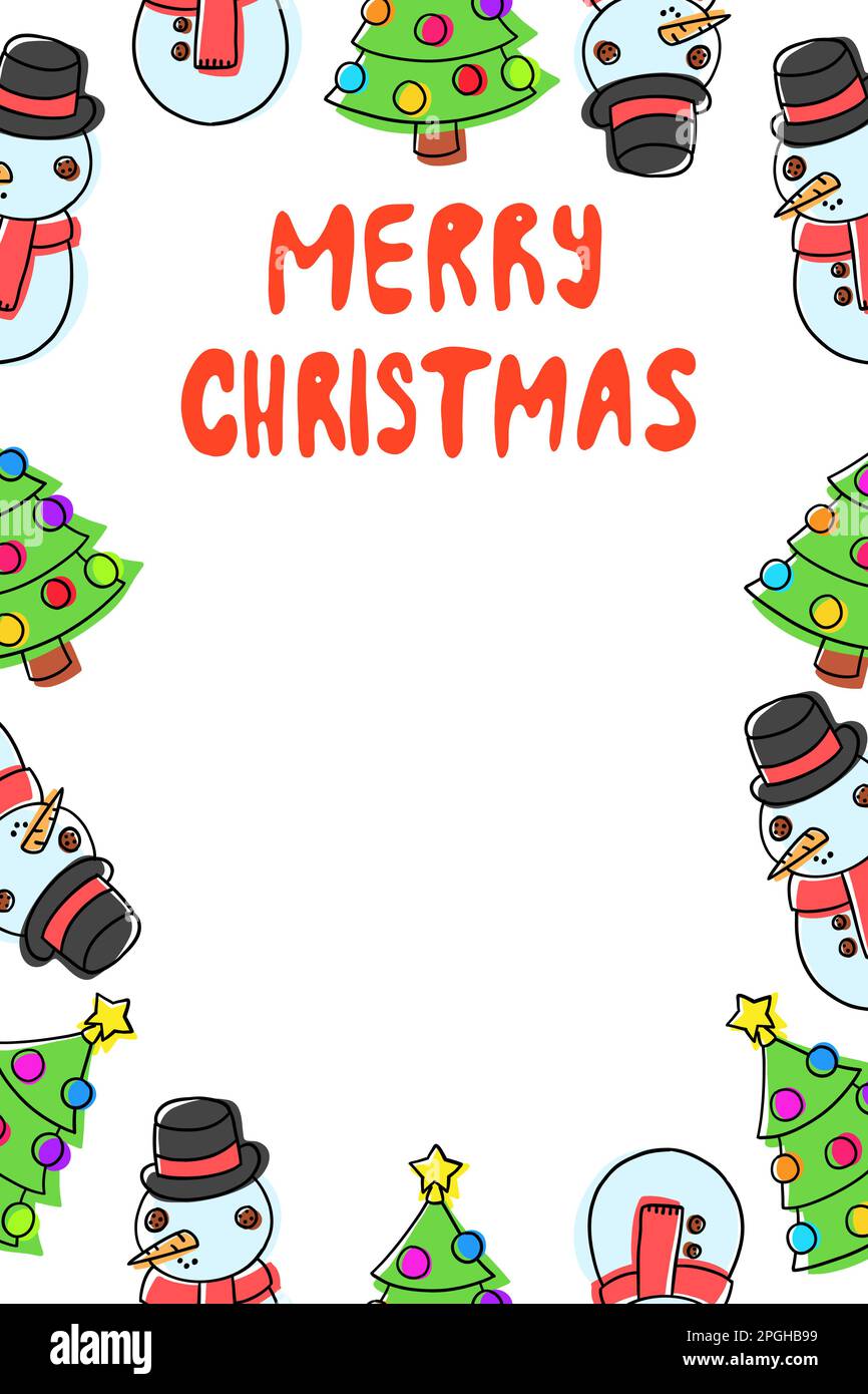 Christmas Card Template with tree and snowman in cartoon flat style ...