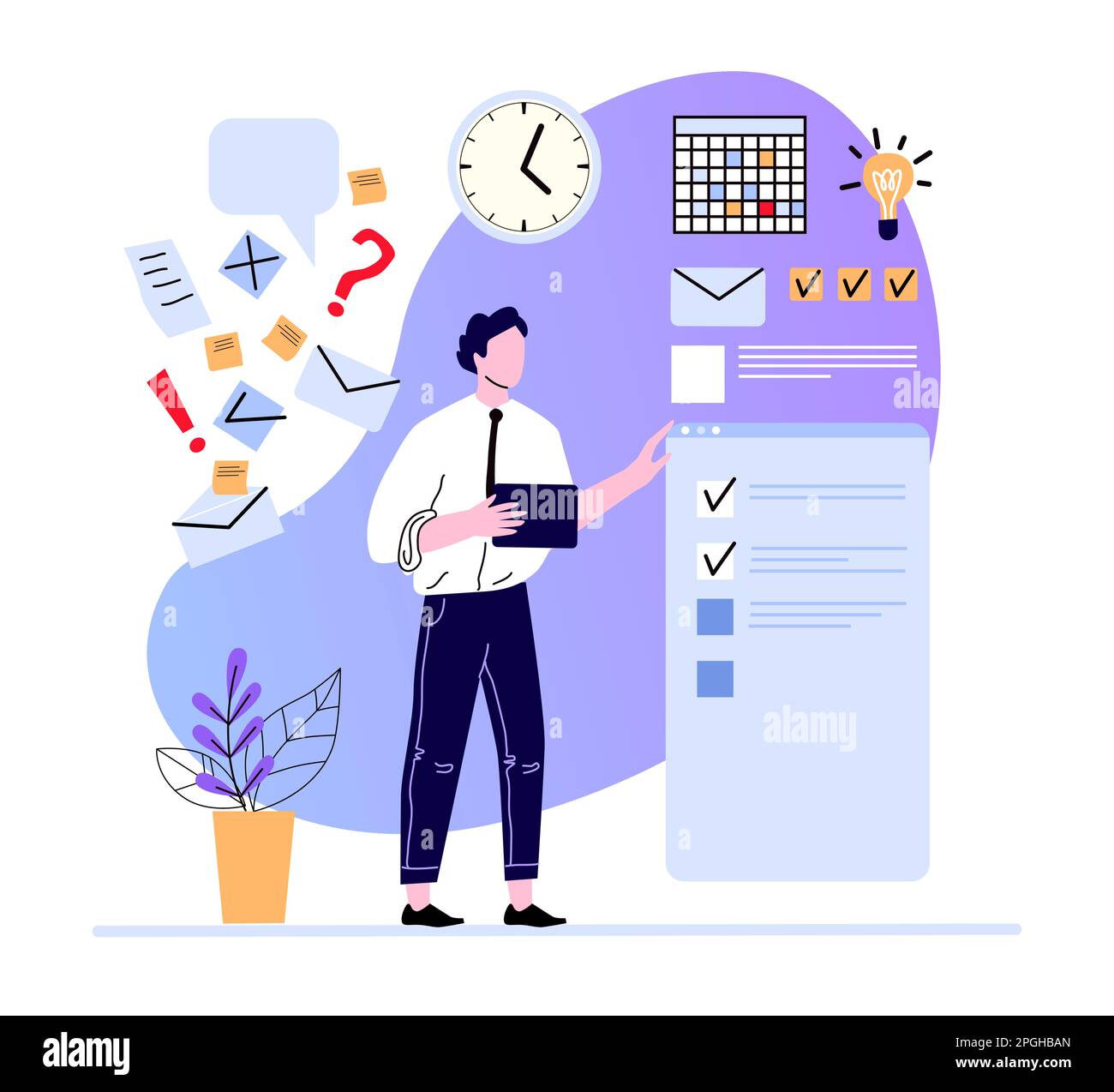 Time management, scheduling work tasks. Man creating to do list, sending messages. Office worker ...