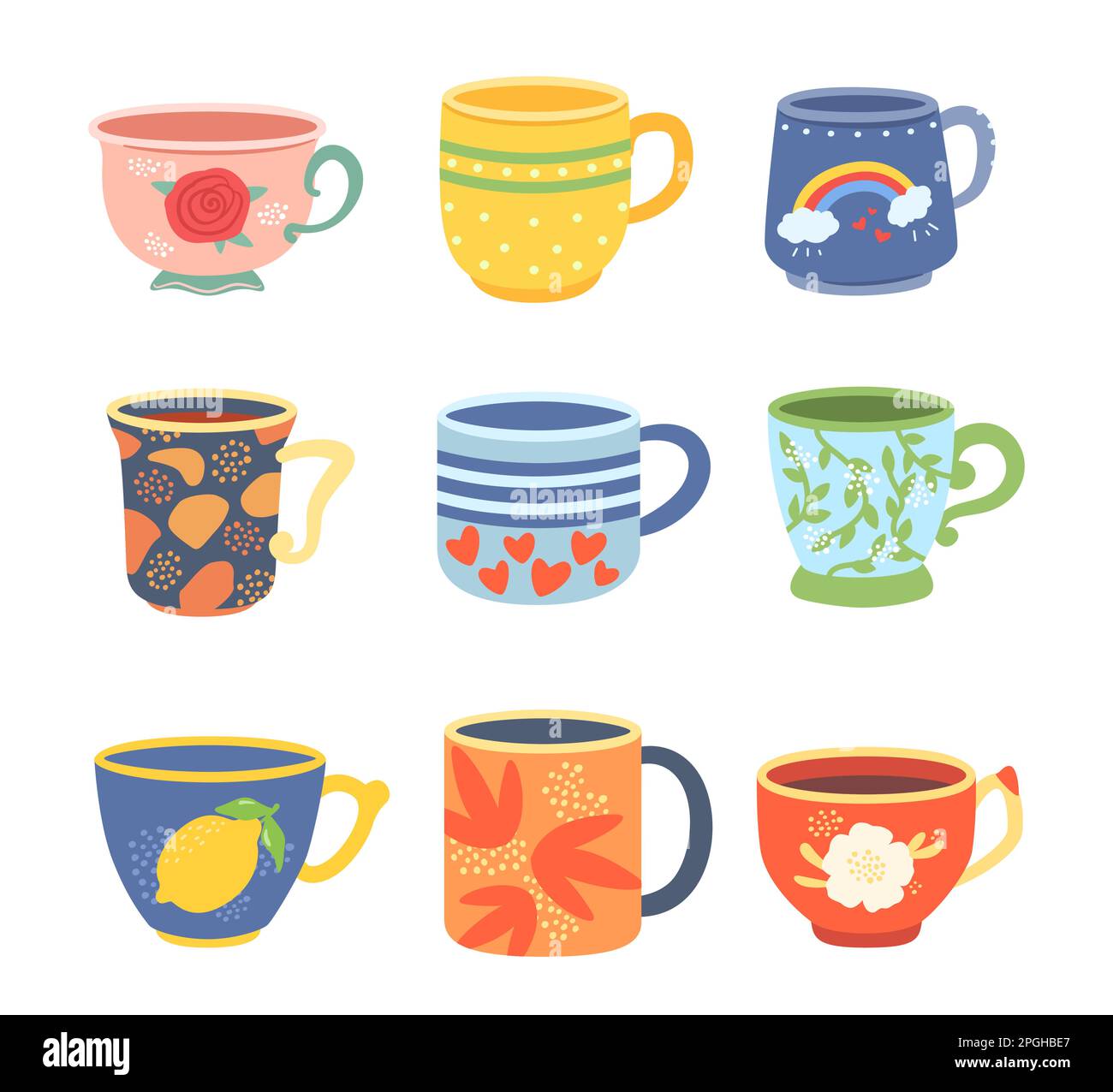 Cartoon cups. Colorful mugs for tea and coffee with different design ...
