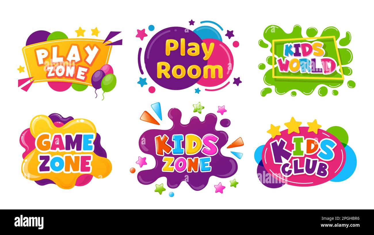 Kids entertainment badges. Cartoon colorful banners with balloons ...