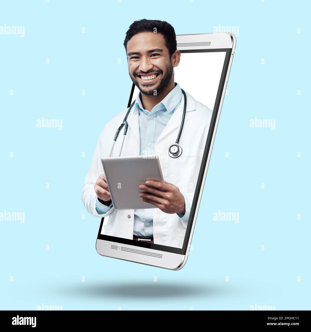 Asian man, doctor and tablet on mockup screen for healthcare ...