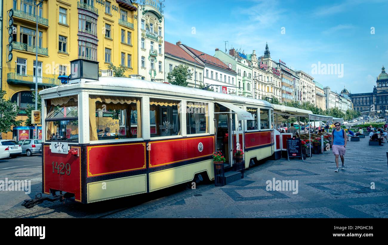 Prague, Czech Republic - Old tram car used as a cafe on Wenceslas ...