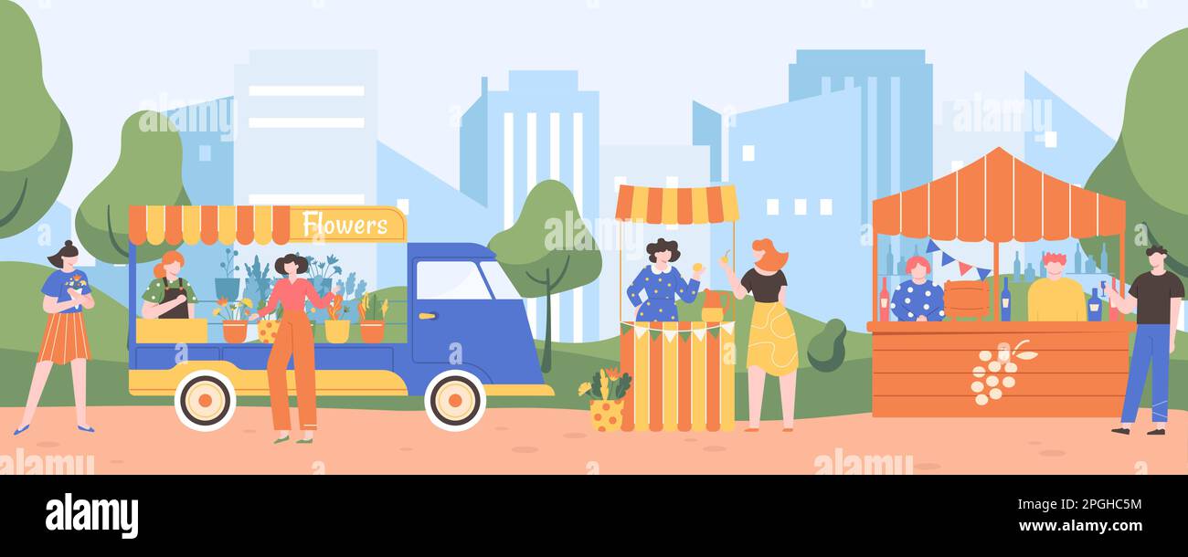 Street food marketplace. Local market with counters and trucks selling ...