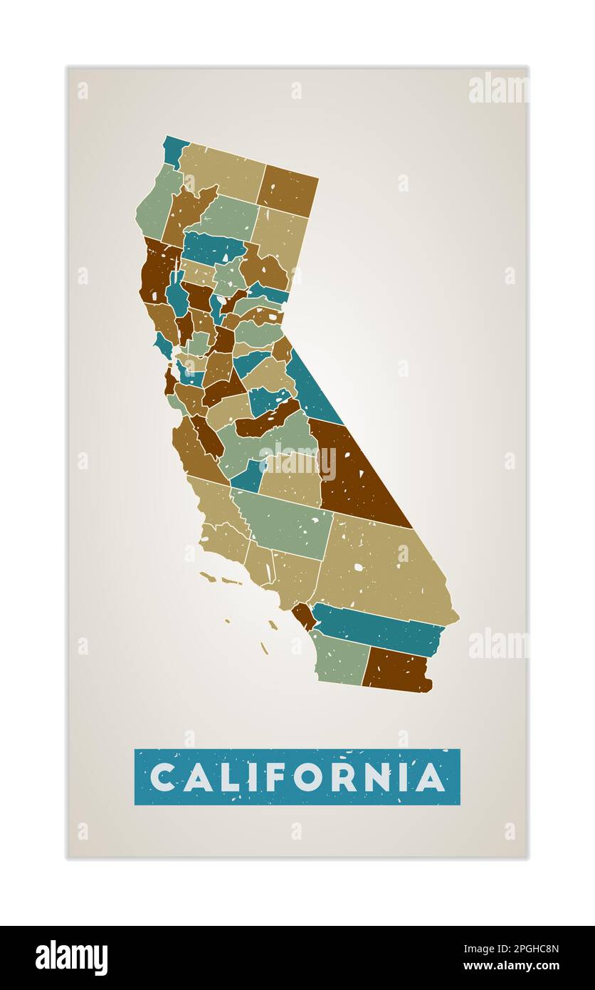 California map. US state poster with regions. Old grunge texture. Shape ...