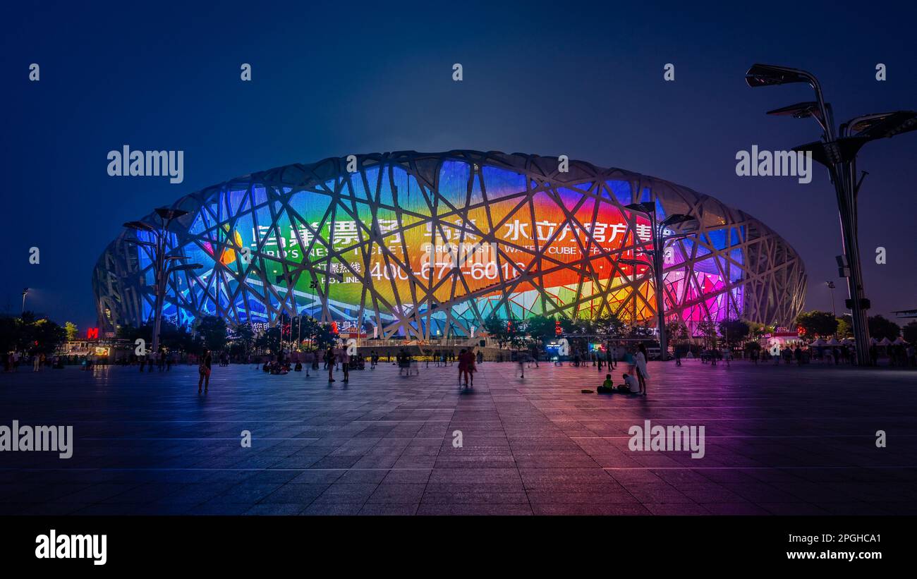 Beijing, China - The bird's nest Olympic stadium illuminated at night ...