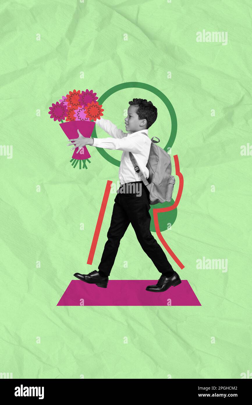 Creative poster collage of walking schoolboy hold bouquet flowers 1 ...