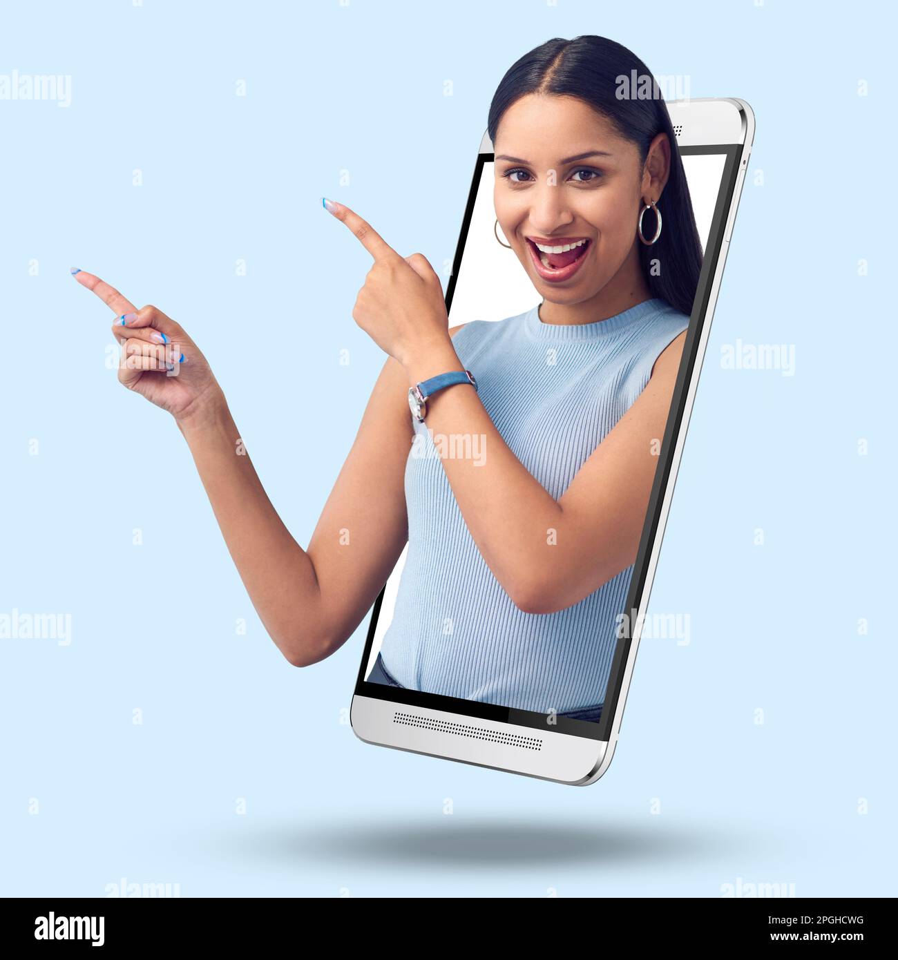 Woman, phone and screen on mockup pointing for product placement ...