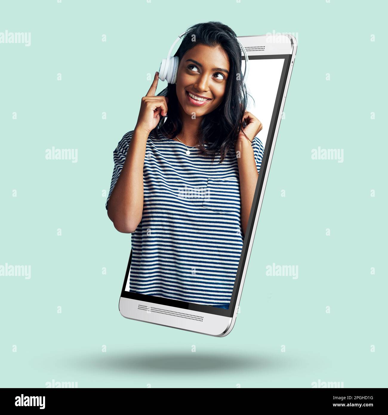 Headphones, music app and woman in a studio listening to a song, album ...