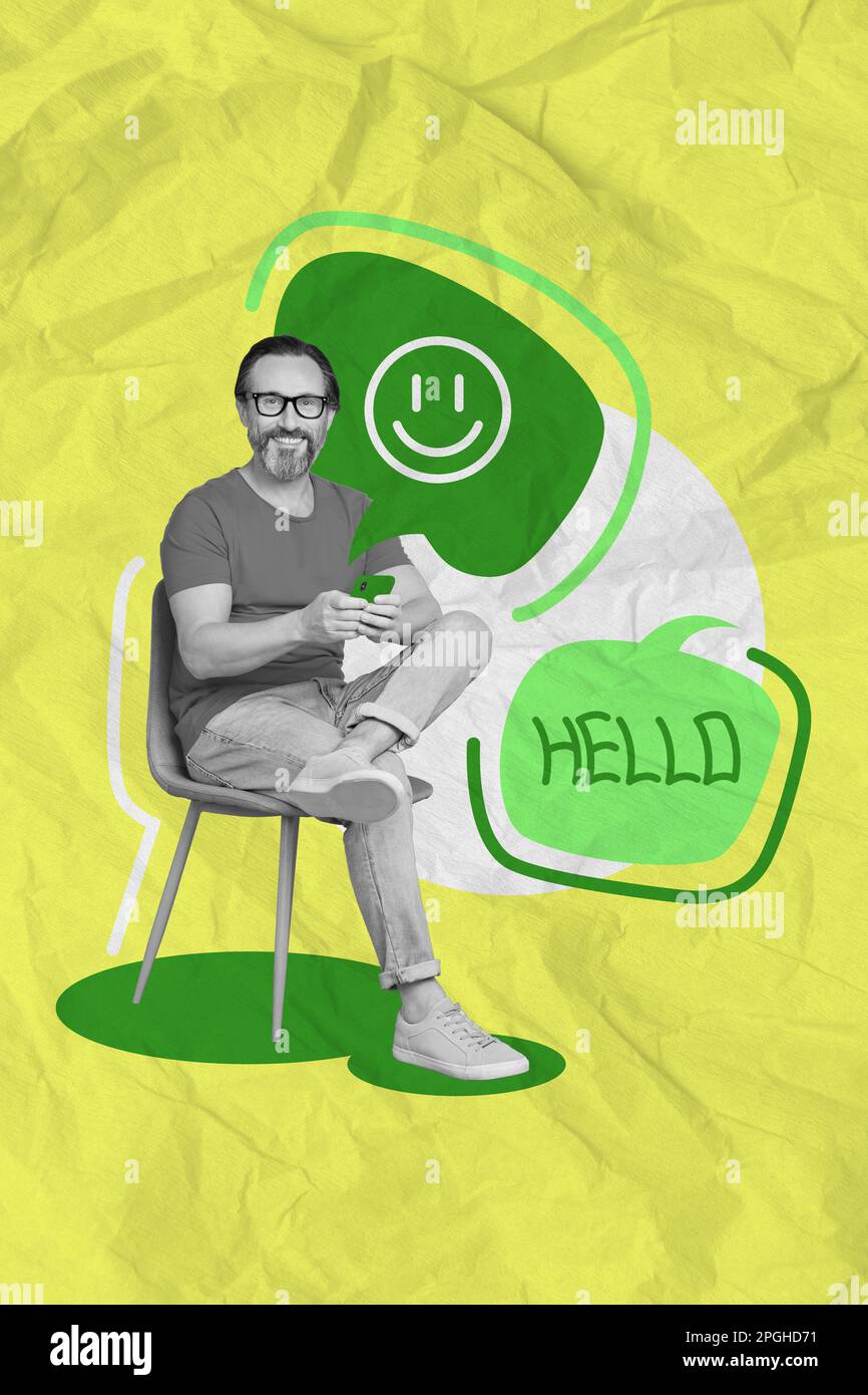 Collage 3d image of pinup pop retro sketch of sitting mature middle age ...