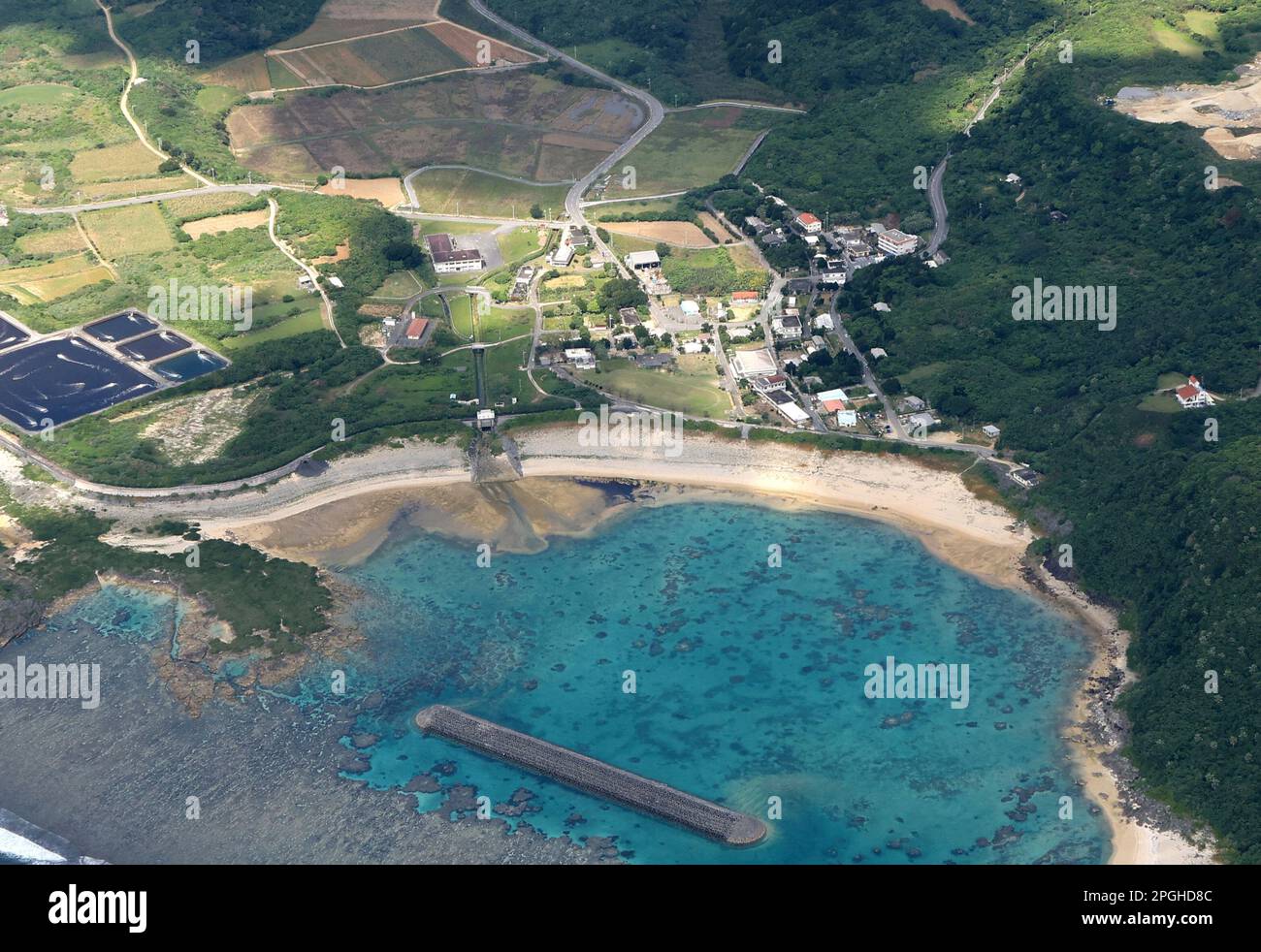 An aerial picture shows Higawa village on Yonaguni Island in Yonaguni ...