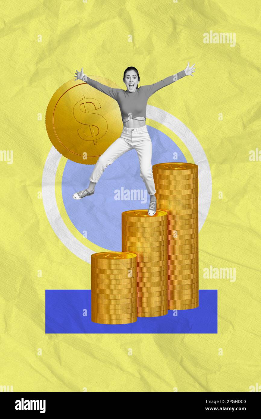 Vertical collage picture of overjoyed mini black white gamma girl stand ...