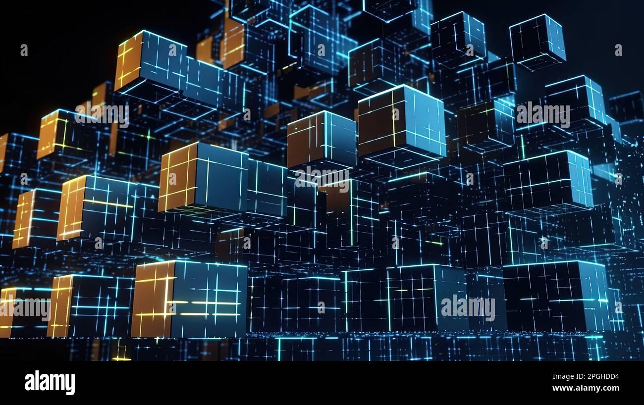 Computer server farm. Blockchain concept. Big data binary code futuristic information technology ...