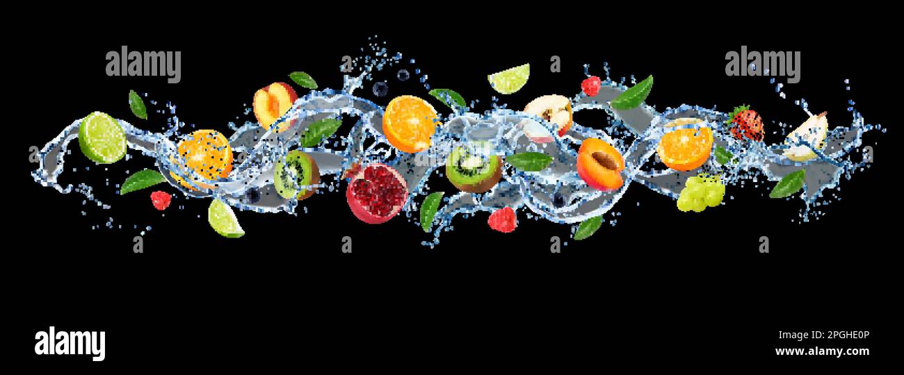 Water wave splash with fruits, background for fruit juice drink ...
