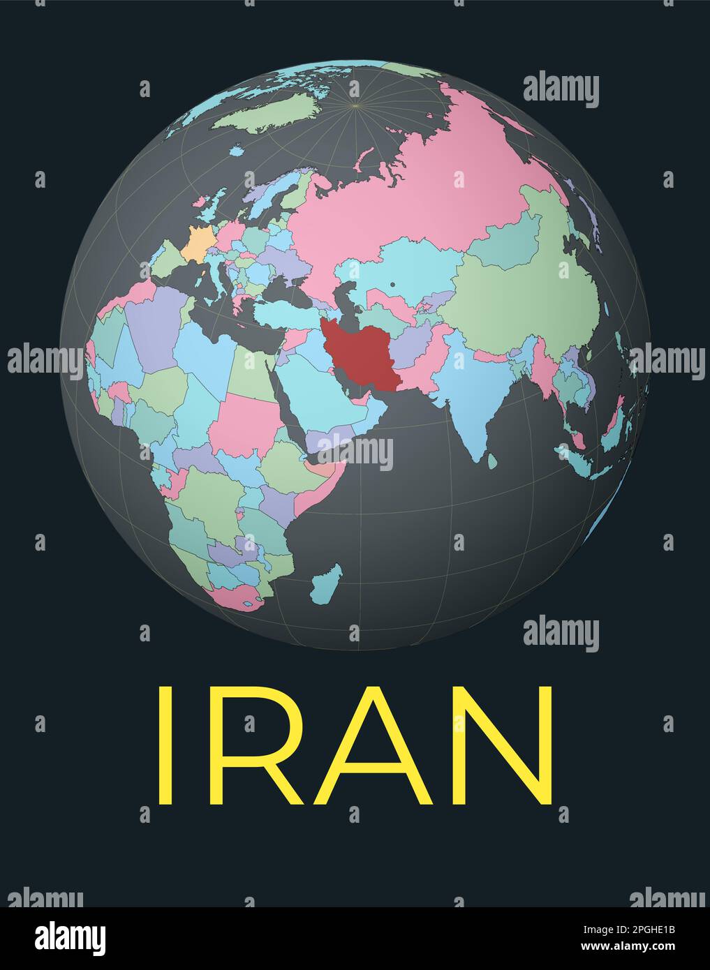 World map centered on Iran. Red country highlighted. Satellite world ...
