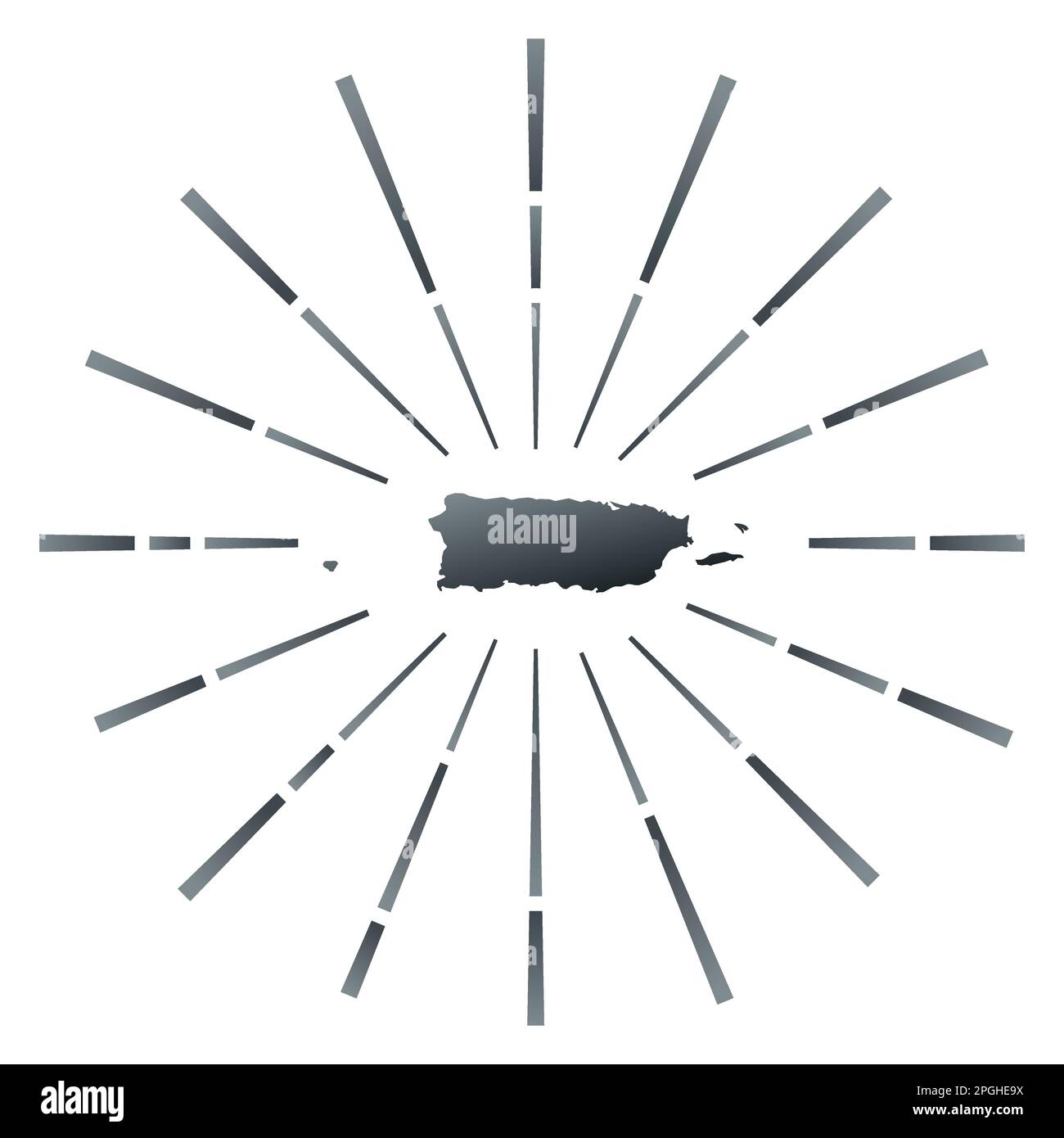 Puerto Rico gradiented sunburst. Map of the country with colorful star ...