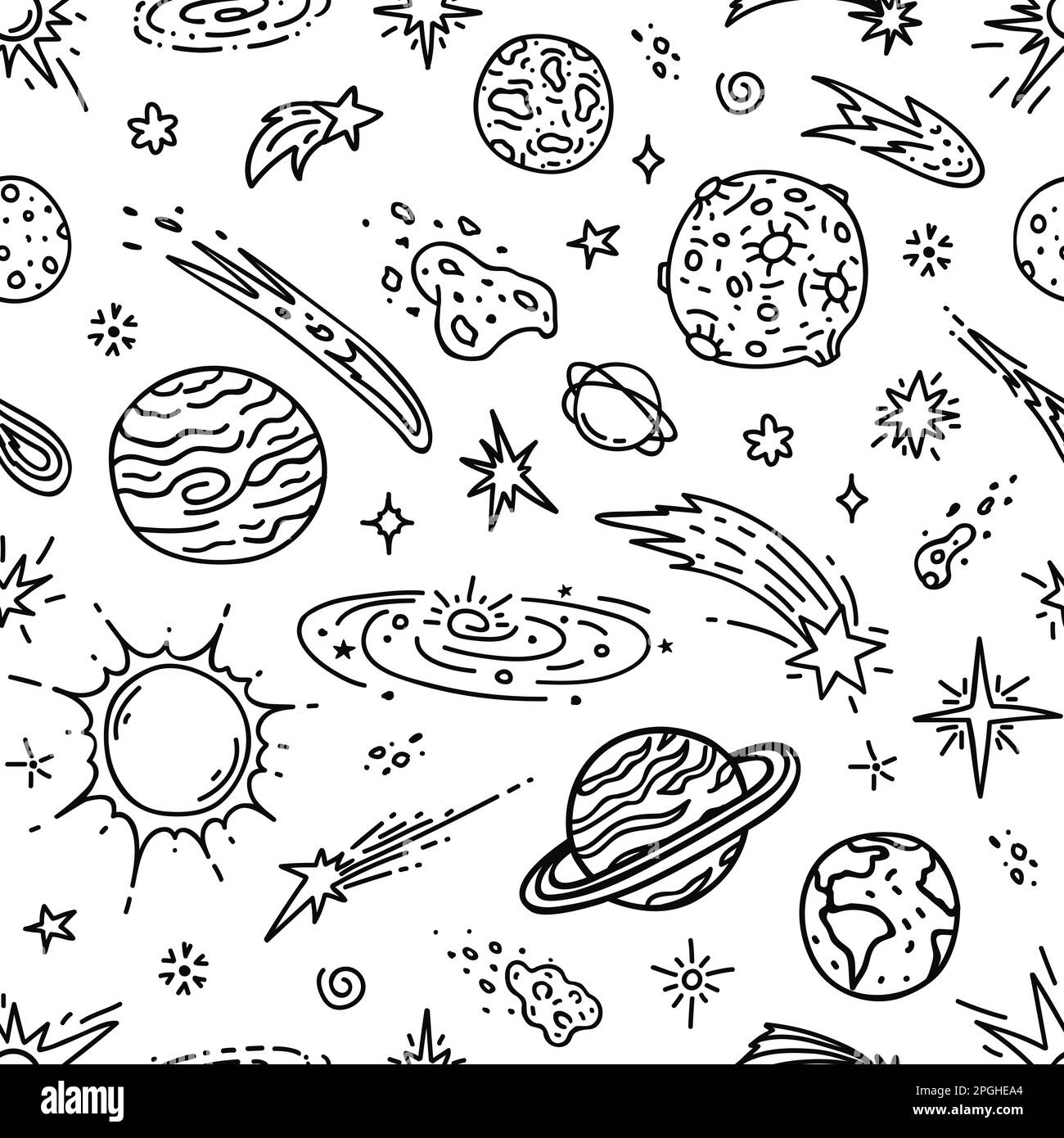 Doodle space planets, stars, comets and asteroids seamless pattern ...