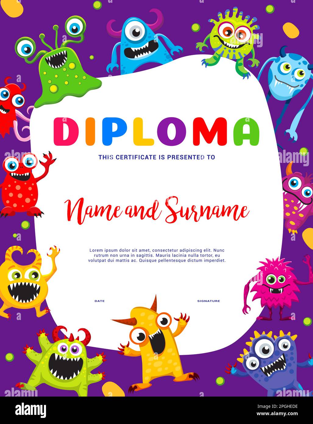 Kids diploma cartoon cute monster characters vector background frame ...