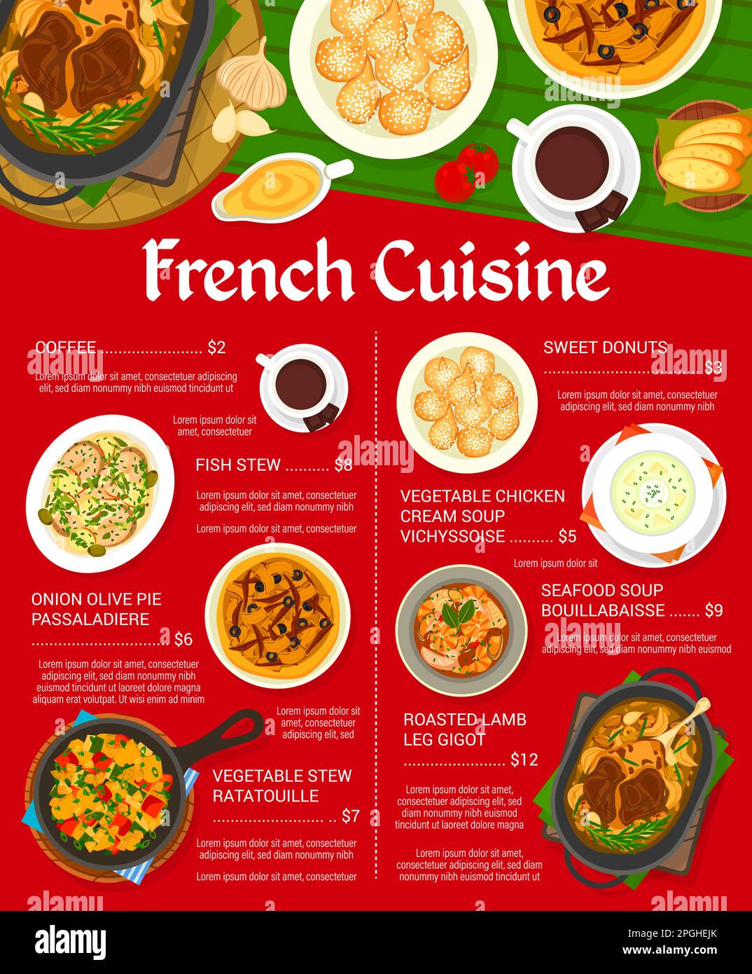 French cuisine restaurant menu. Vegetable stew ratatouille, chicken ...