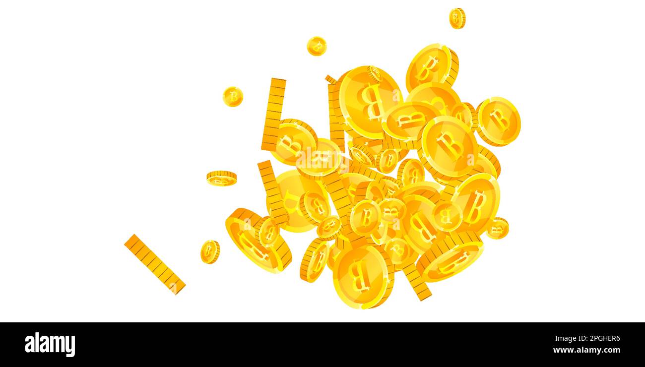 Thai baht coins falling. Gold scattered THB coins. Thailand money ...