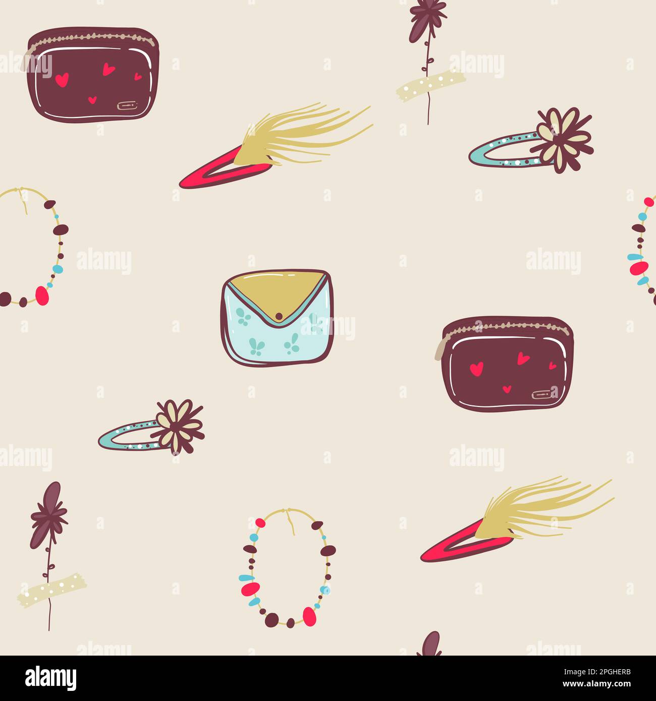 hand drawn seamless graphic pink pattern of girl stuff woman things ...