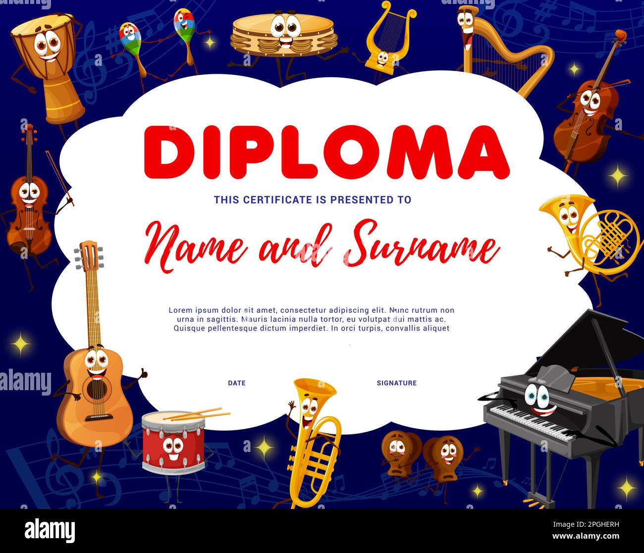 Kids diploma, cartoon musical instrument characters and music notes ...