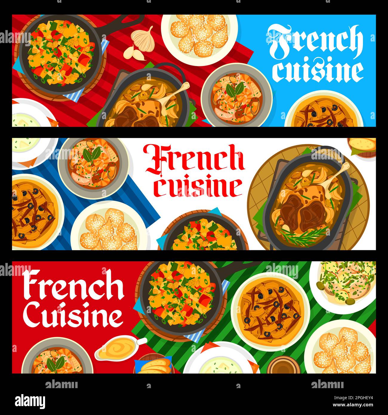 French restaurant meals vector banners. Donuts, seafood soup ...