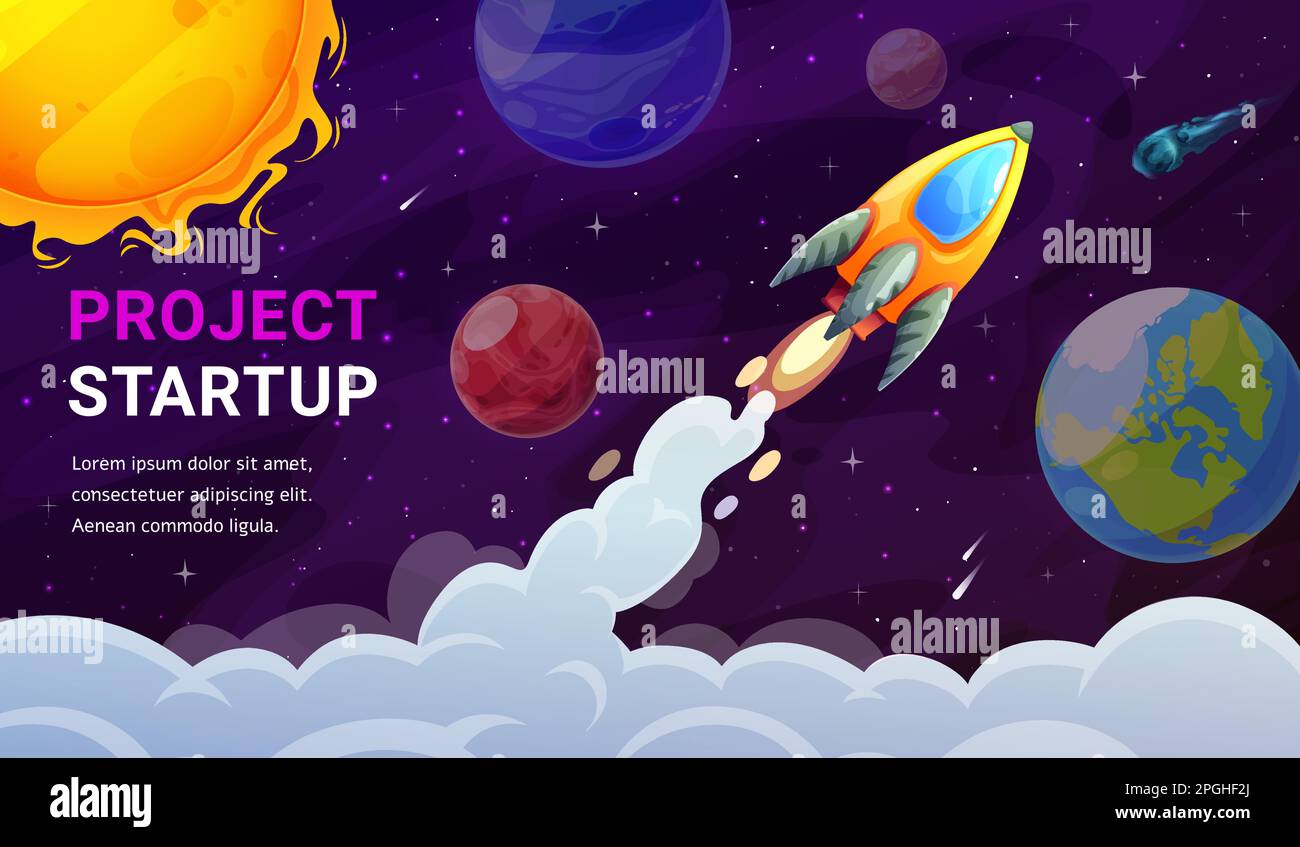 Startup project, fast start. Landing page space. Cartoon rocket launch ...