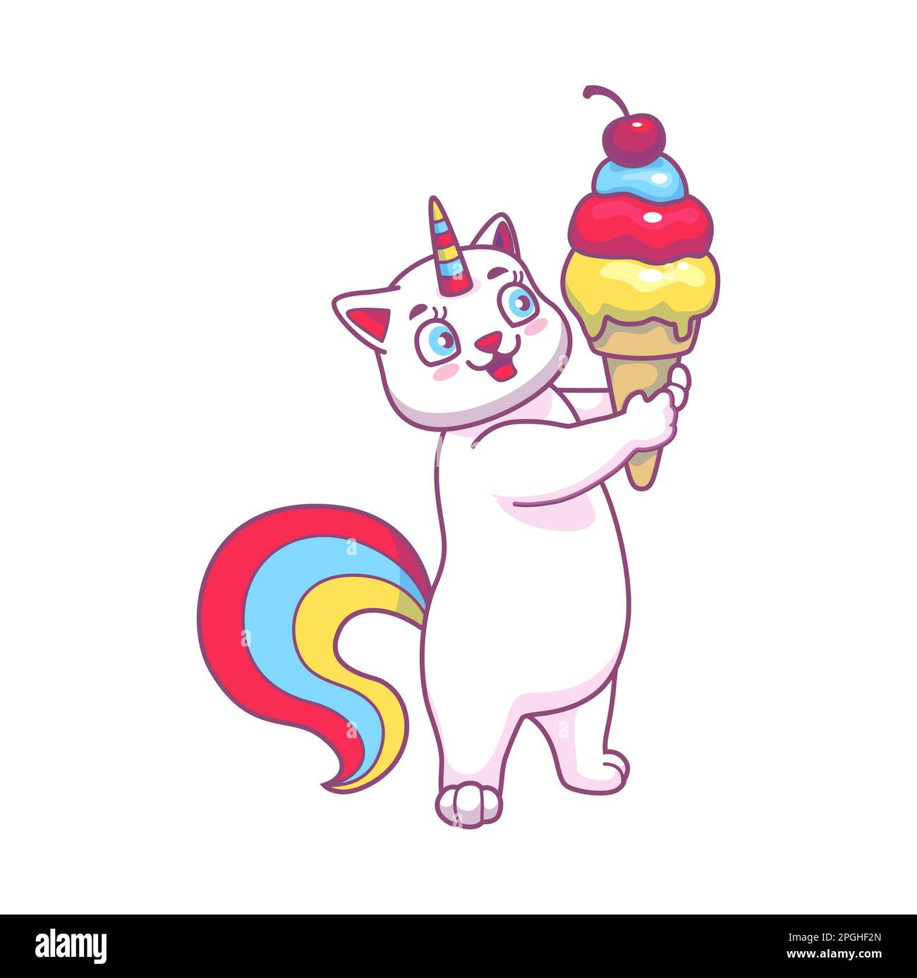 Cute caticorn character with ice cream. Fairytale unicorn cat, kawaii ...