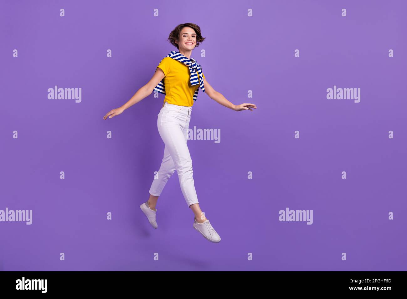 Full length photo of cheerful glad adorable lady moving empty space ...