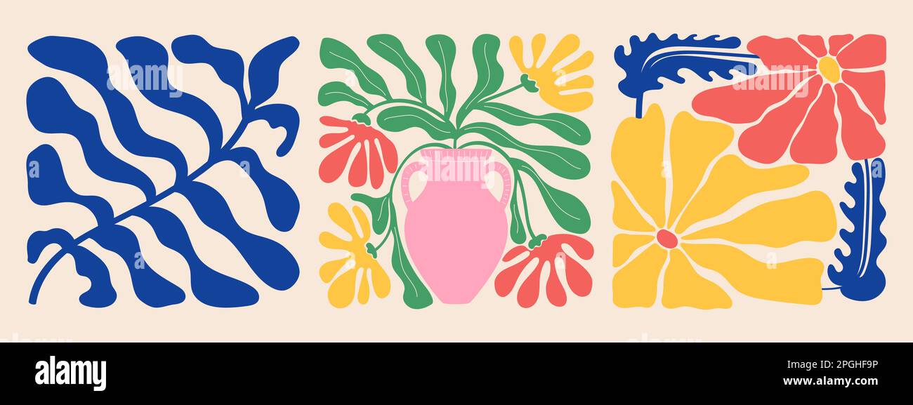 Groovy doodle and abstract organic plant shapes art set. Matisse floral ...