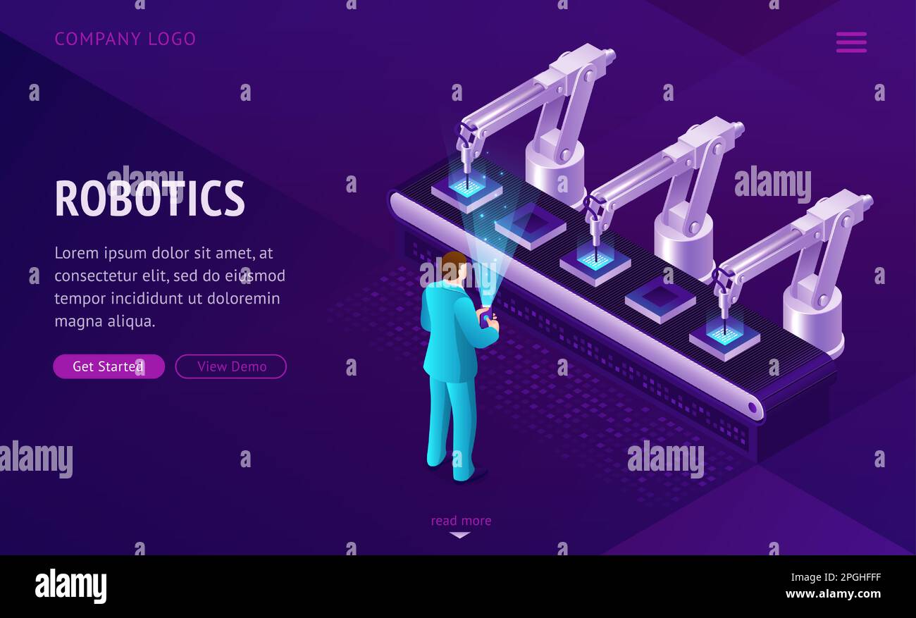 Robotics Factory Conveyor Belt Isometric Landing Page Robot Arms