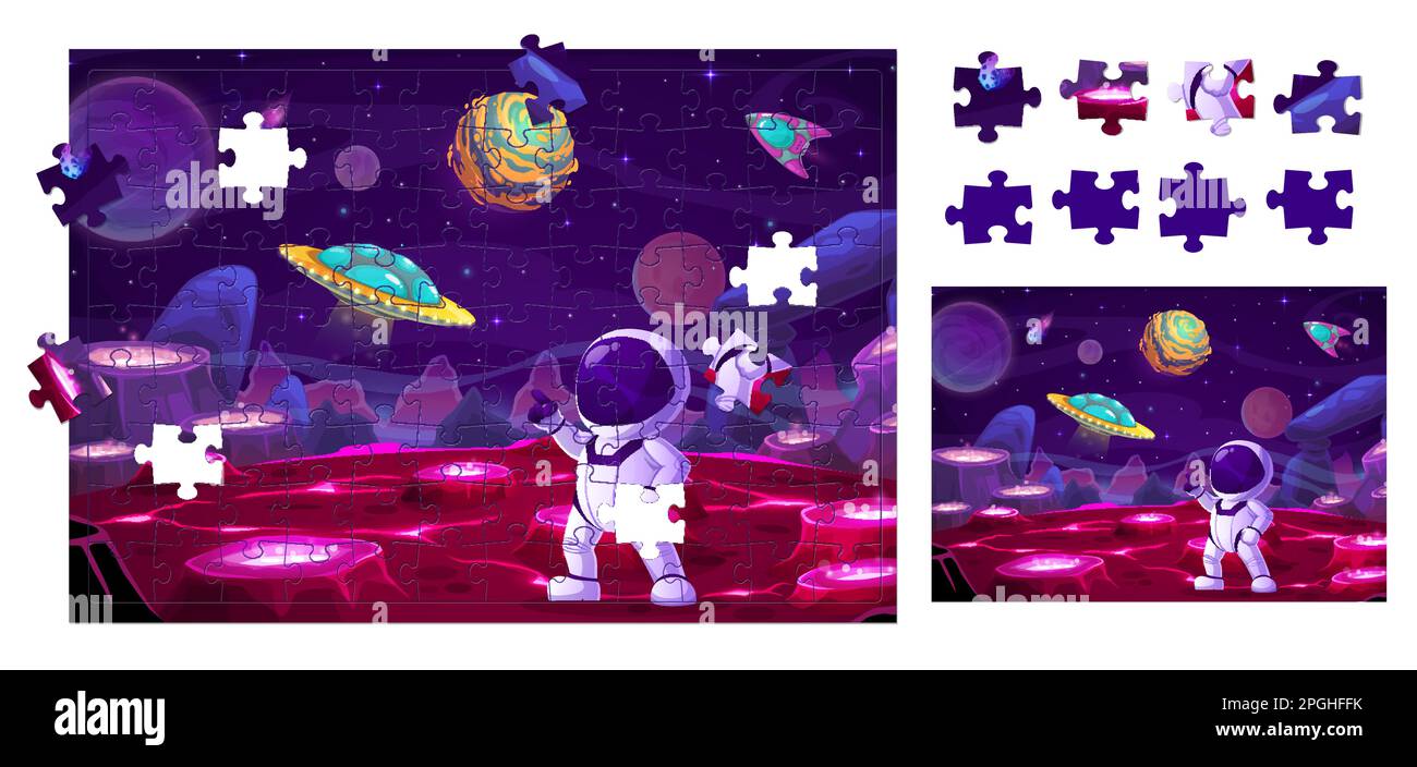 Space and astronaut on planet, jigsaw puzzle game pieces, vector galaxy ...