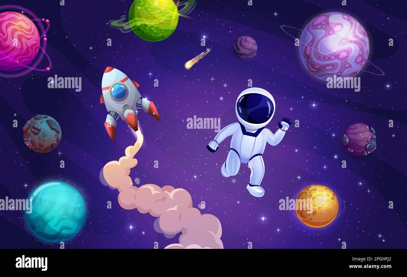 Cartoon astronaut in outer space starry galaxy landscape. Vector funny ...